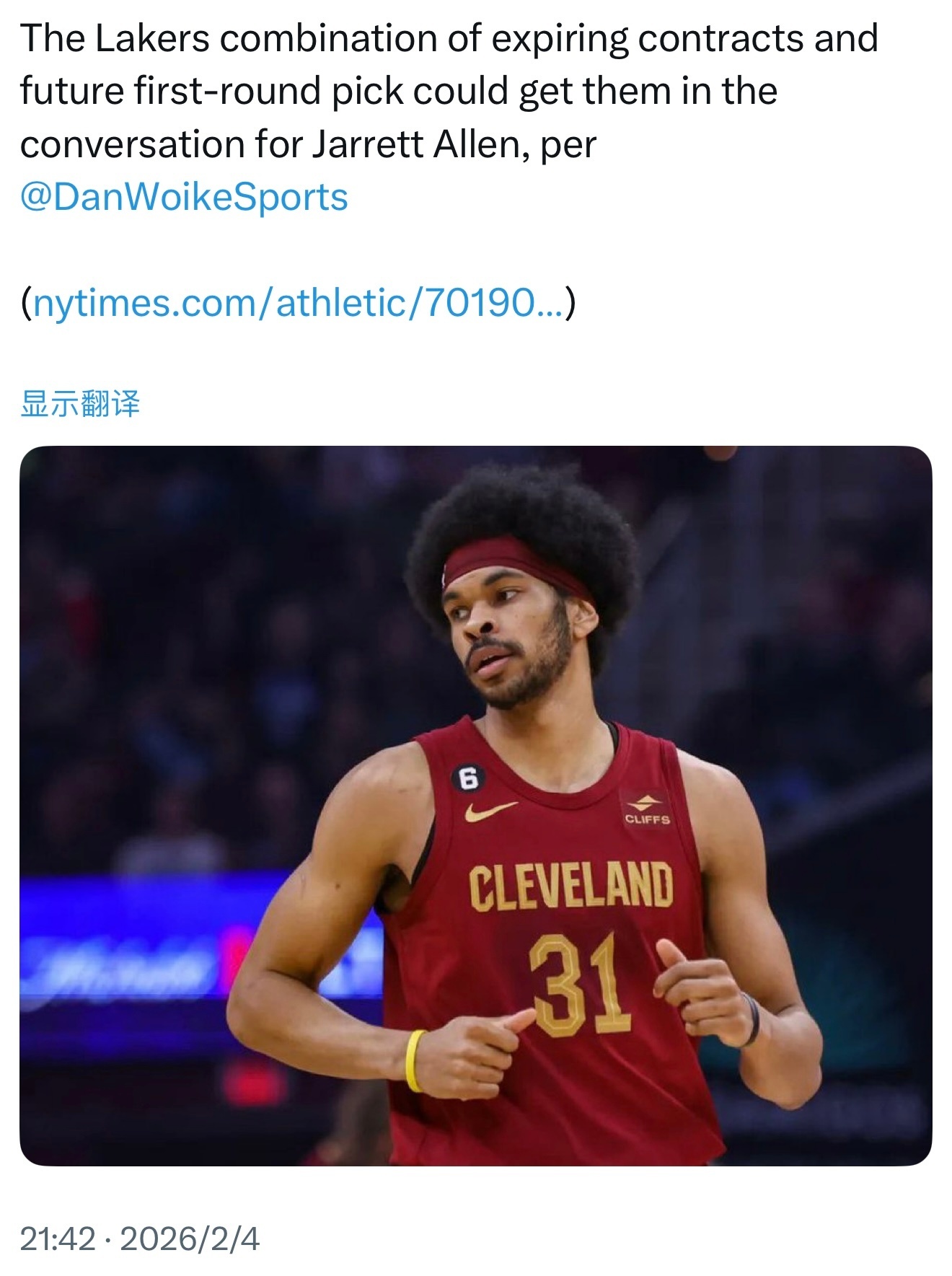 Dan Woike：湖人手握即将到期的合同和未来的首轮选秀权，有机会签下贾莱特·艾伦。 -NBA-湖人专区-虎扑社区