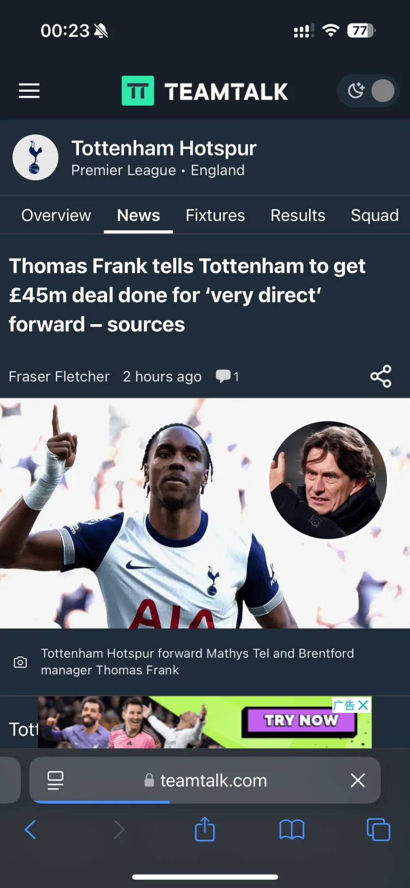 TEAMtalk主编：弗兰克已告知热刺希望签下特尔，特尔愿意和弗兰克继续合作，列维想降低买断费用-德甲-拜仁专区-虎扑社区